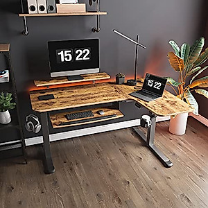 EUREKA ERGONOMIC L Shaped Standing Desk with Keyboard Tray, 61" Electric Height Adjustable Gaming Computer Desk with Monitor Stand & LED Strips, Dual Motor Sit Stand Up Corner Desk, Right/Rustic Brown