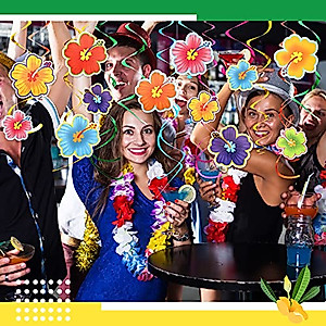 30 Pcs Hawaiian Luau Party Hanging Swirls Tropical Hibiscus Swirls Flower Foil Swirl Ceiling Decorations Hawaiian Party Accessories for Tiki Cocktail Pool Beach Summer Luau Birthday Party Supplies