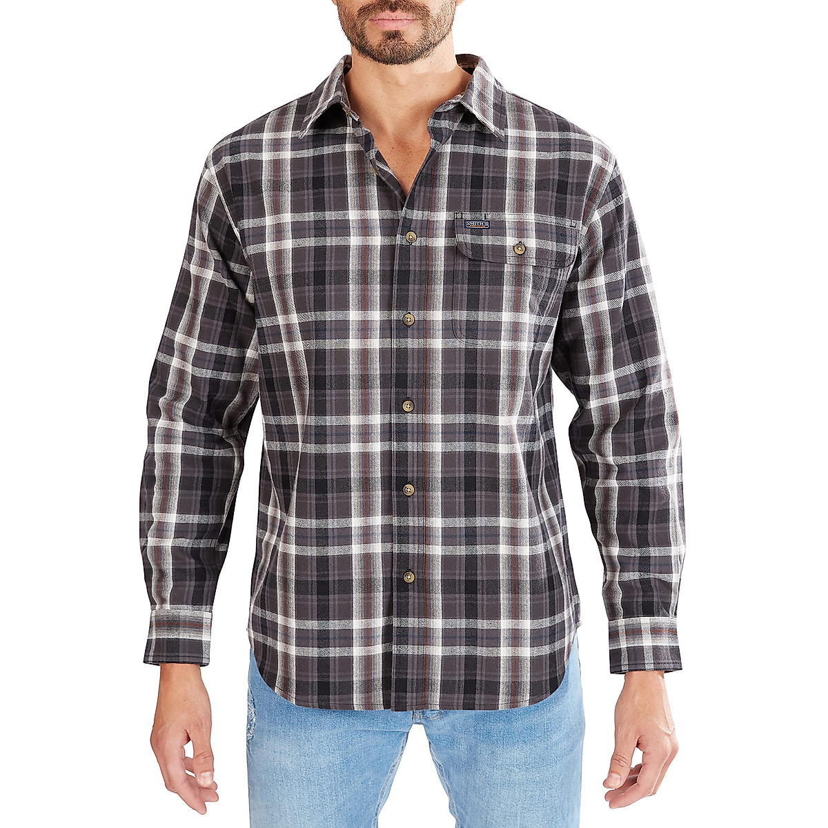 Smith's Workwear Men's Plaid Pocket Flannel Button-Up Shirt, Charcoal-445, XL