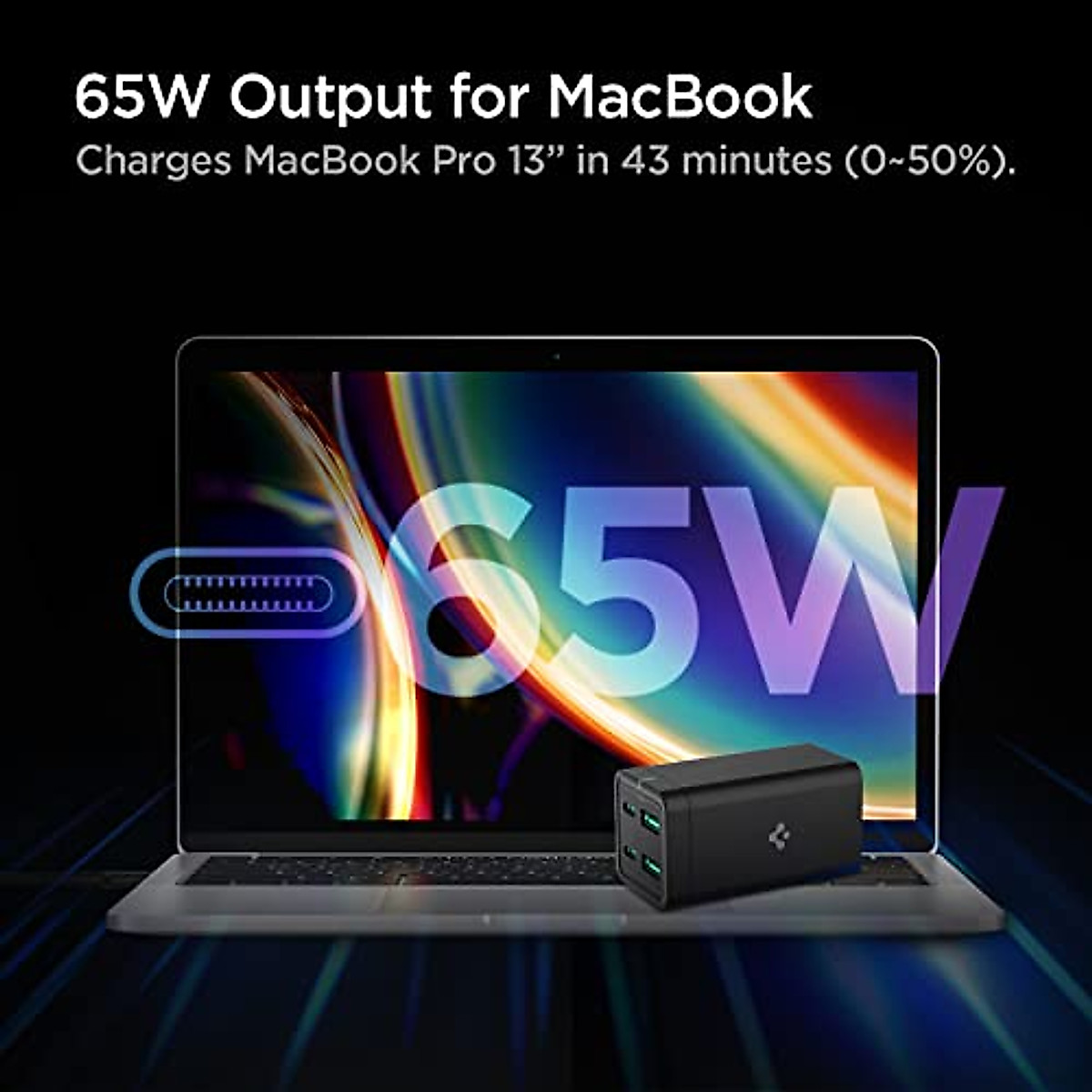 USB C Charger, Spigen 65W [GaN III] 4-Port USB C Charging Station, USB-C PD/USB-A Fast Charge Hub for MacBook iPad M2 M1 Pro Air iPhone Galaxy HP Dell XPS ASUS Chromebook USB-C Laptop Steam Deck