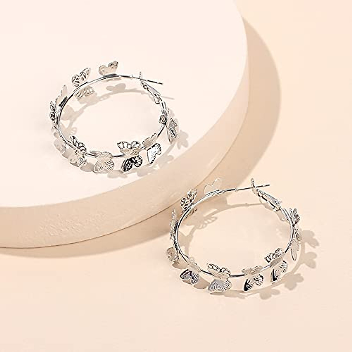 Butterfly Hoop Earrings Large Big Gold Monarch Butterfly Earrings Statement Fashion Retro Earrings Jewerly Gift for Women Girls-A silver