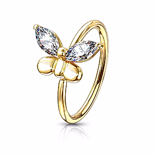Pierced Owl 20GA CZ Crystal Butterfly Bendable Annealed Nose Cartilage Ring (Gold Tone)