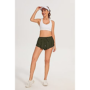 Loovoo Summer Flowy Athletic Shorts Women High Waisted Ruffle Layered Running Shorts Sporty Active Gym Shorts Army Green,M