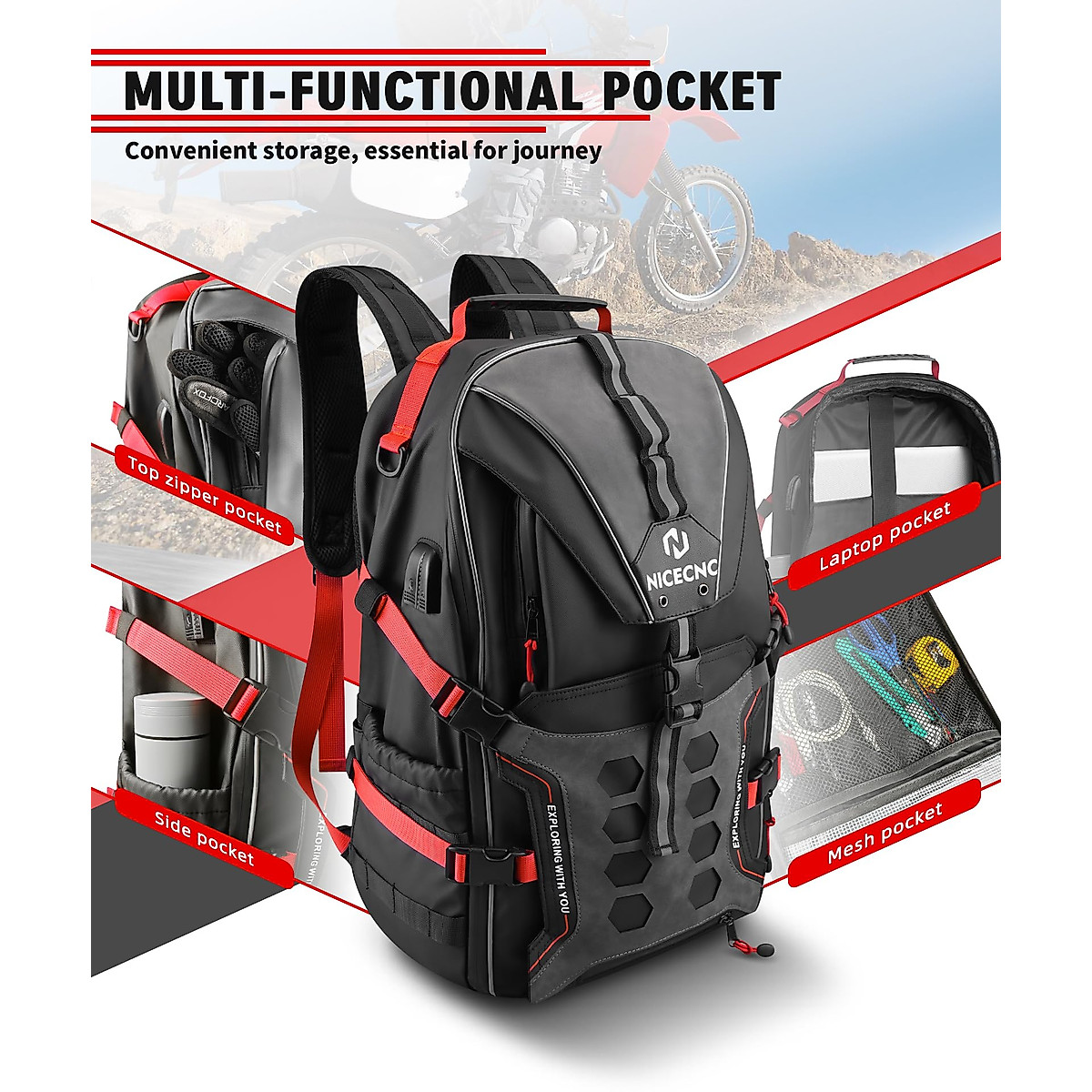 NICECNC Motorcycle Helmet Backpack 35L Large Capacity Motorcycle Helmet Bag, Universal Motorcycle Riding Backpacks for Men Motorcycle Lugguge Storage Bag with Hidden Helmet Net, Red