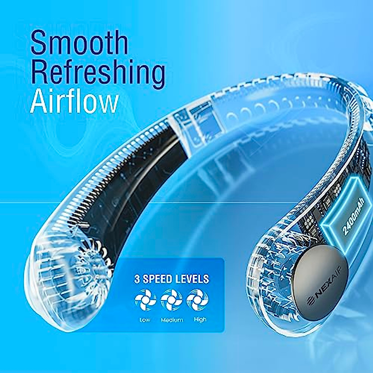 NEXAIR Portable Neck Fan - 3 Speed Rechargeable Bladeless Neck Cooler, Quality Comfortable Lightweight, Personal Neck Fan For Women & Men Modern Design, Great Cooling Fan For Travel, Outdoors & Sports