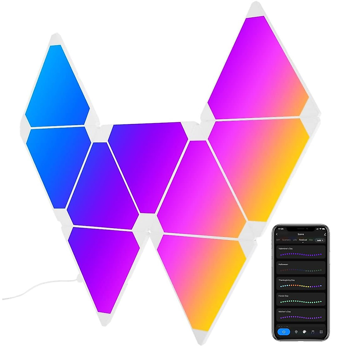 MCWOFI RGBW Smart Triangle Light, LED Wall Panel Light 9 Pack, DIY Design, Music Synchronization, APP Control, for Living Room, Game, Party Decoration