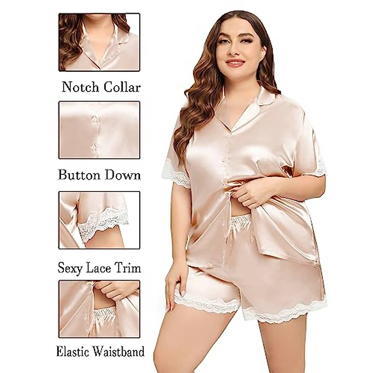 SWOMOG Satin Plus Size Pajama Women Short Sleeve Loungwear Two Piece Sleepwear Silk Satin Pajamas Set Comfy Pjs with Lace Trim Champagne