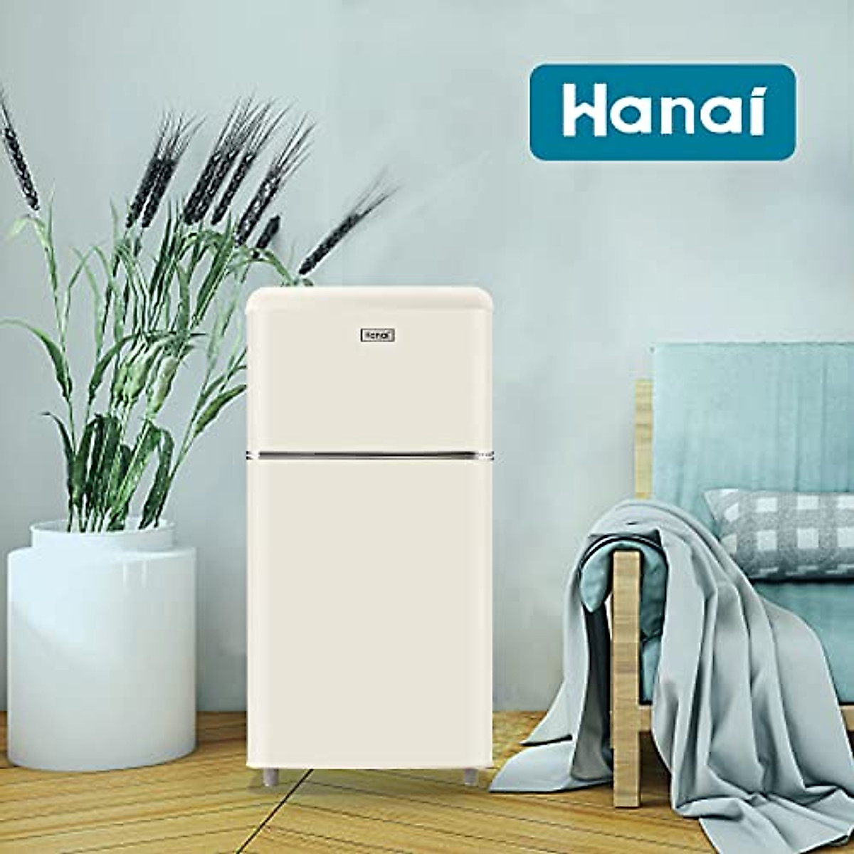 WANAI 3.5 Cu.ft Retro Mini Fridge with Freezer Small Refrigerators Dual Doors & Handles Cream Freestanding Classic Refrigerator Removable Glass Shelves Adjustable Thermostat for Home Office Dorm RV