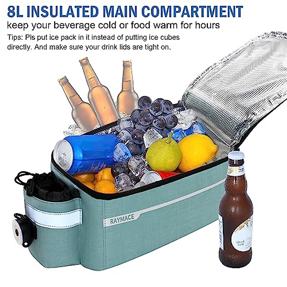 RAYMACE Bike Trunk Cooler Bag With Tail Light,Bicycle Rear Rack Bag Insulated Storage 8L,Pannier Bag (Viridian Green)