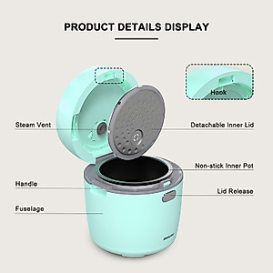 Mishcdea Small Rice Cooker 3-Cup Uncooked, Mini Rice Cooker Ceramic Nonstick for 1-2 People, Multi Menus with Smart Touch Screen, Timer & Warmer, for Quinoa, Oats and Grains, Aqua