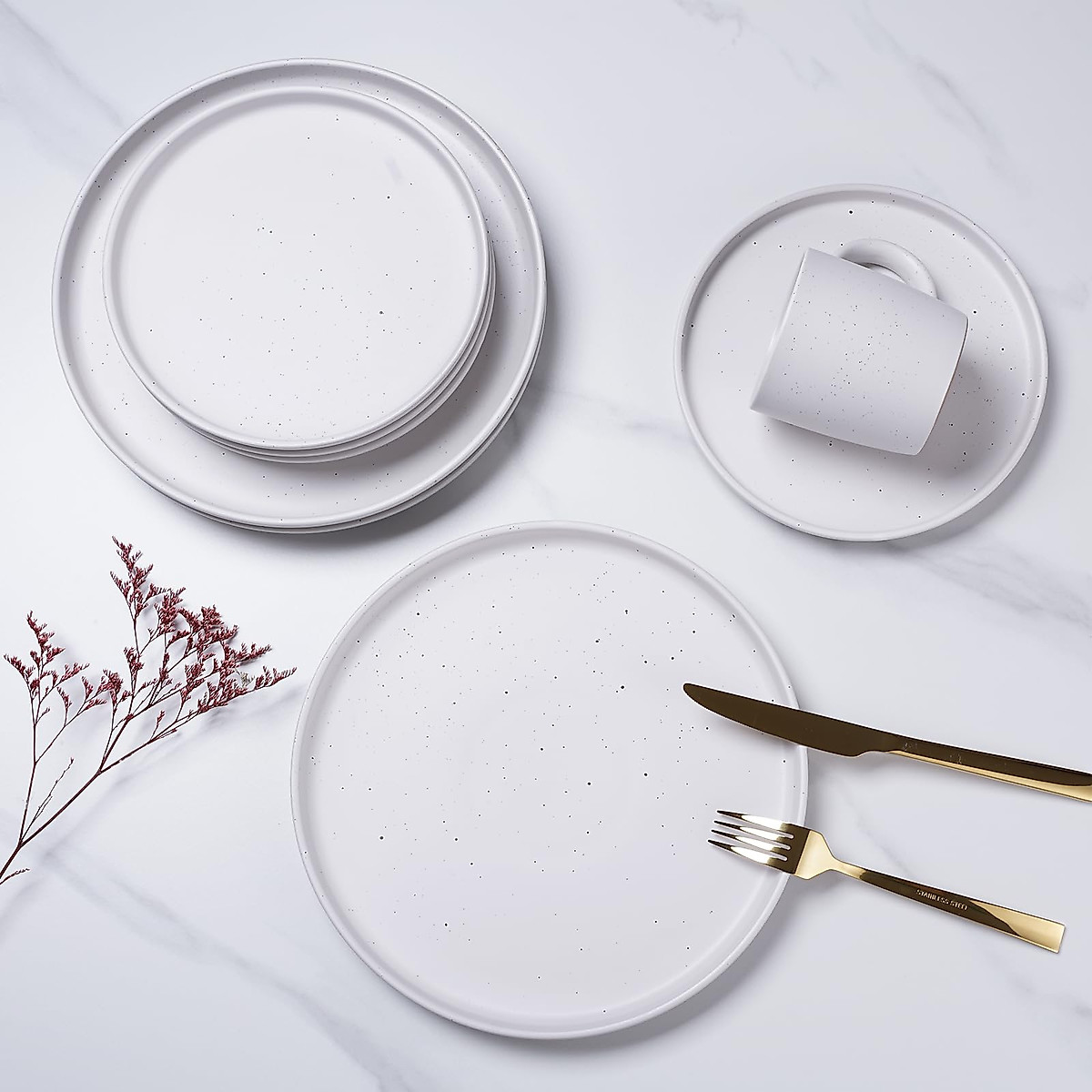 MTLWTL Dinnerware Sets, Dish Set for 4, 16 pieces Ceramic Plates and Bowls Set with Mugs, Microwave, Oven & Dishwasher Safe, White Speckled