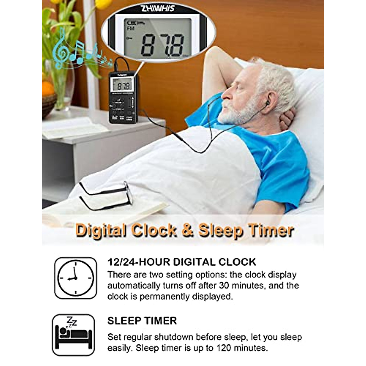ZHIWHIS Portable Radio, AM FM Receiver with Sleep Timer, Rechargeable Stereo Radios with Digital Clock, DSP Tuner with Preset Function Pocket Walkmen for Walking Travel
