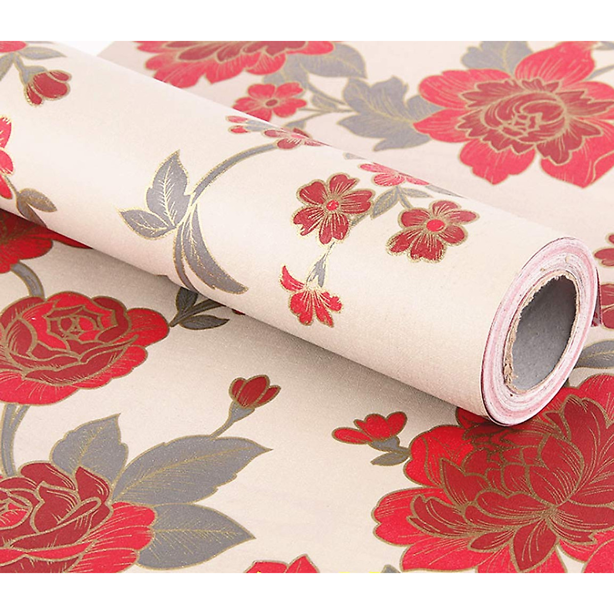 Red Floral Decorative Adhesive Paper Shelf Liner Peel and Stick Wallpaper for Kitchen Cabinets Drawers Countertops 17.7inch by 100inch (Red)