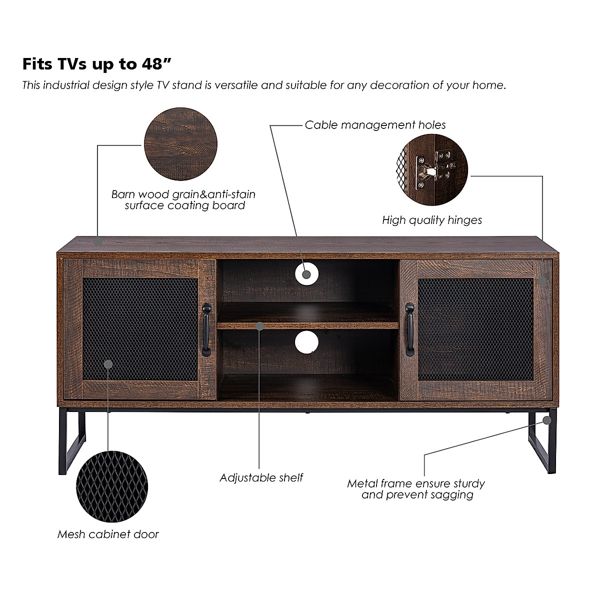 Spirich 48" Composite TV Stand, Fits TVs Up to 48 "with Metal Mesh Doors,Walnut
