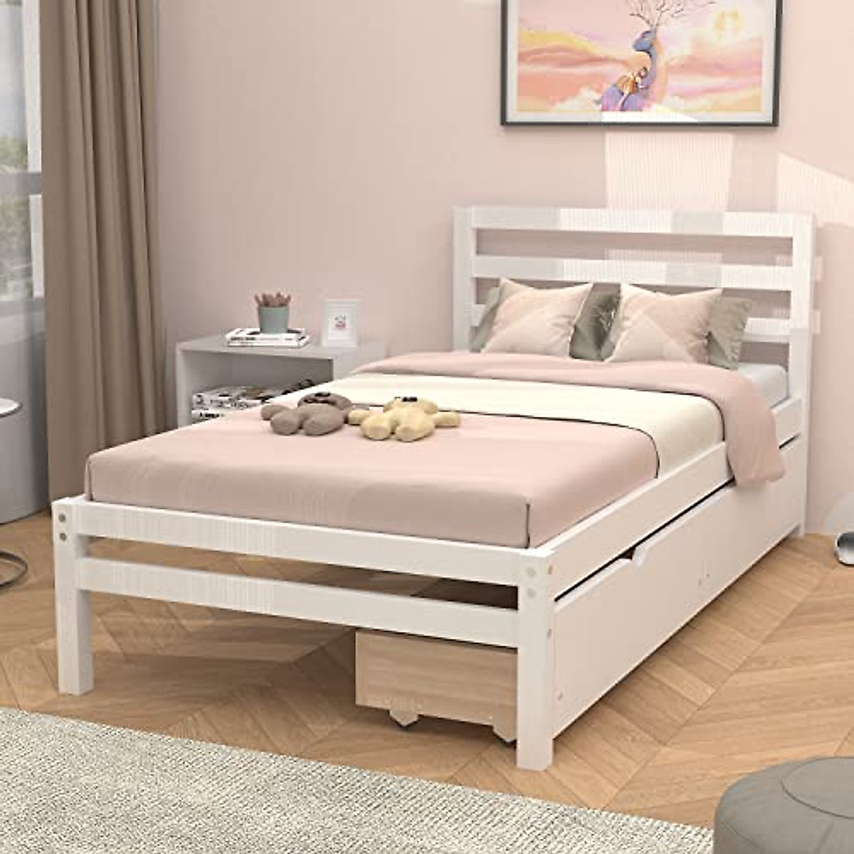 TOLEAD Twin Bed with 2 Drawers, Solid Wood Storage Daybed Frame with Headboard for Kids Teens, Slat Support Platform for Bedroom Living Room, White