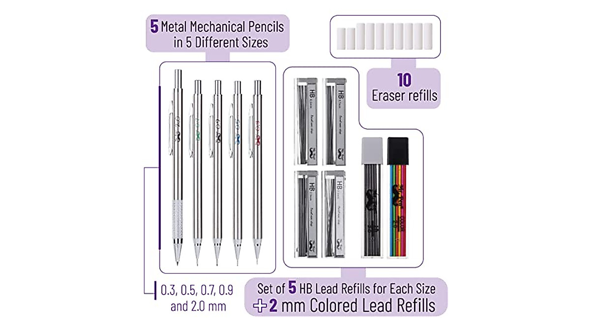 Mr. Pen Metal Mechanical Pencil Set with 5 Sizes & Refills