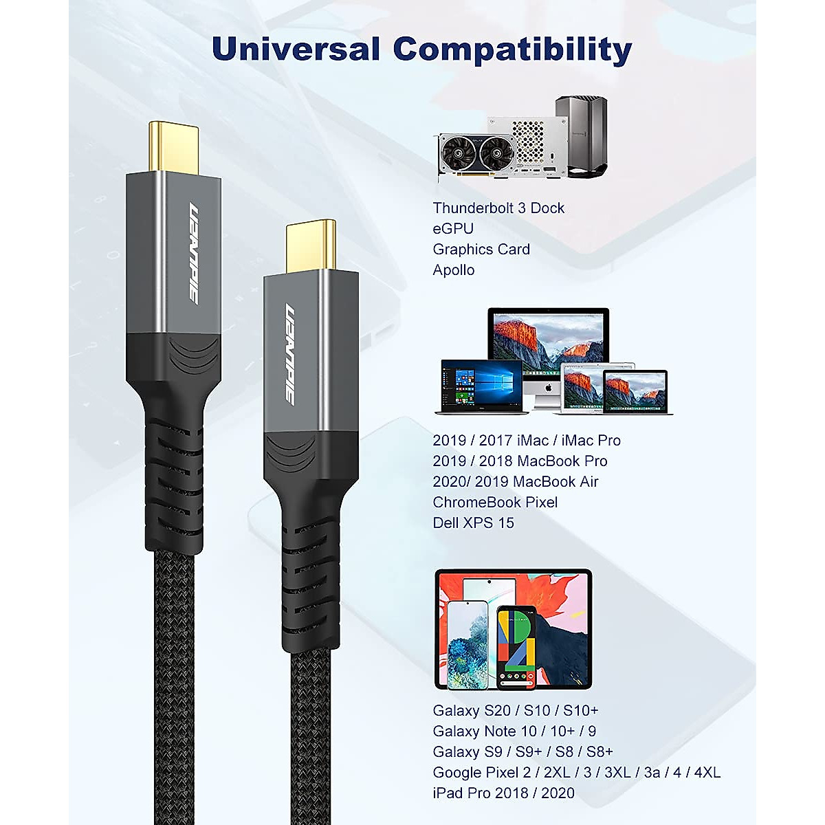 Uzanpie USB4 Cable Compatible with Thunderbolt 4/3, 40Gbps/6.6ft USB 4.0 Cable Support 100W 20V/5A Fast Charging, USB C to USB C Cable 8K@30Hz or Dual 4K@60Hz for Hub M-acbook External SSD eGpu
