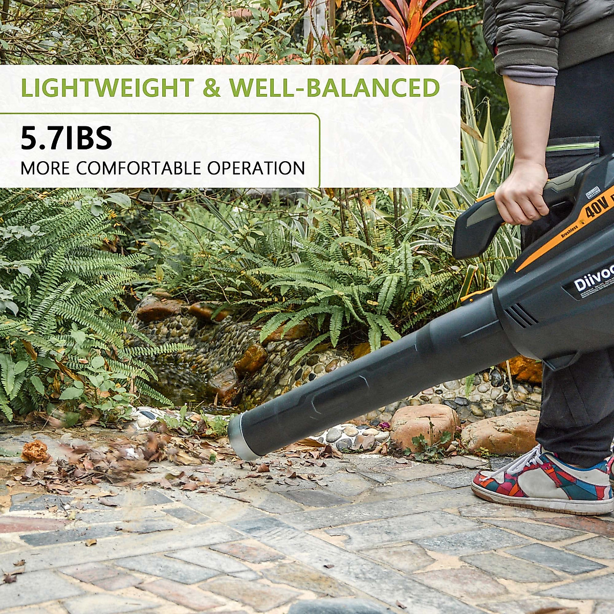 Diivoo Cordless Leaf Blower with 40 V Brushless Motor, 480-CFM/92-MPH Lightweight, Handheld, 2.5 Ah Battery-Powered Blower for Patios and Yards