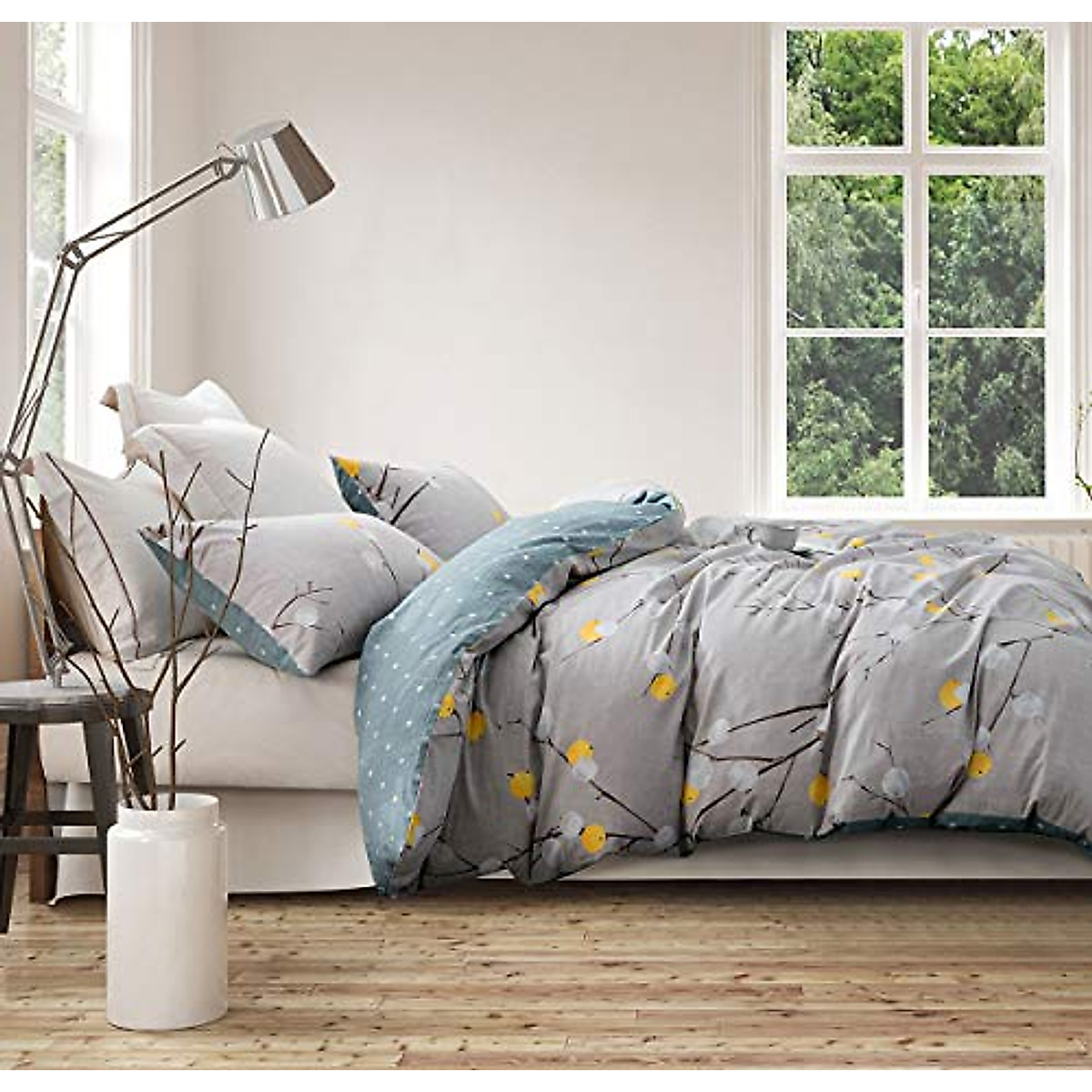 SLEEPBELLA Duvet Cover King, 600 Thread Count Cotton Grey Branch with Yellow Turquoise Polka Dot Pattern Green Reversible Comforter Cover(King, Grey Branches)