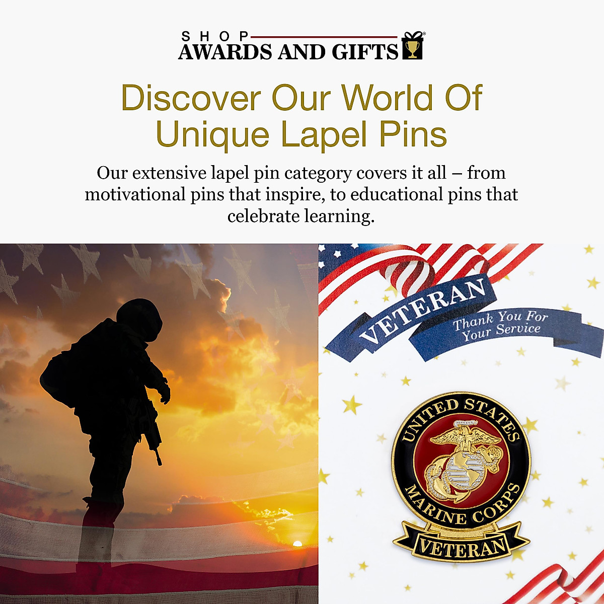 SHOP AWARDS AND GIFTS United States US Marine Corps Veteran Lapel Pin, Retirement and Service, Military Gifts, 1-1/8 inch, 12 Pack