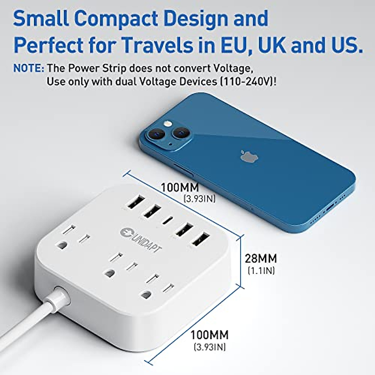 European Plug Adapter, Unidapt US to UK Europe Power Strip for EU/UK/US with USB C and 4 USB Ports, 3 AC Outlets, Wall Mountable, 5ft Extension Cord, for Travel Cruise Ship Home