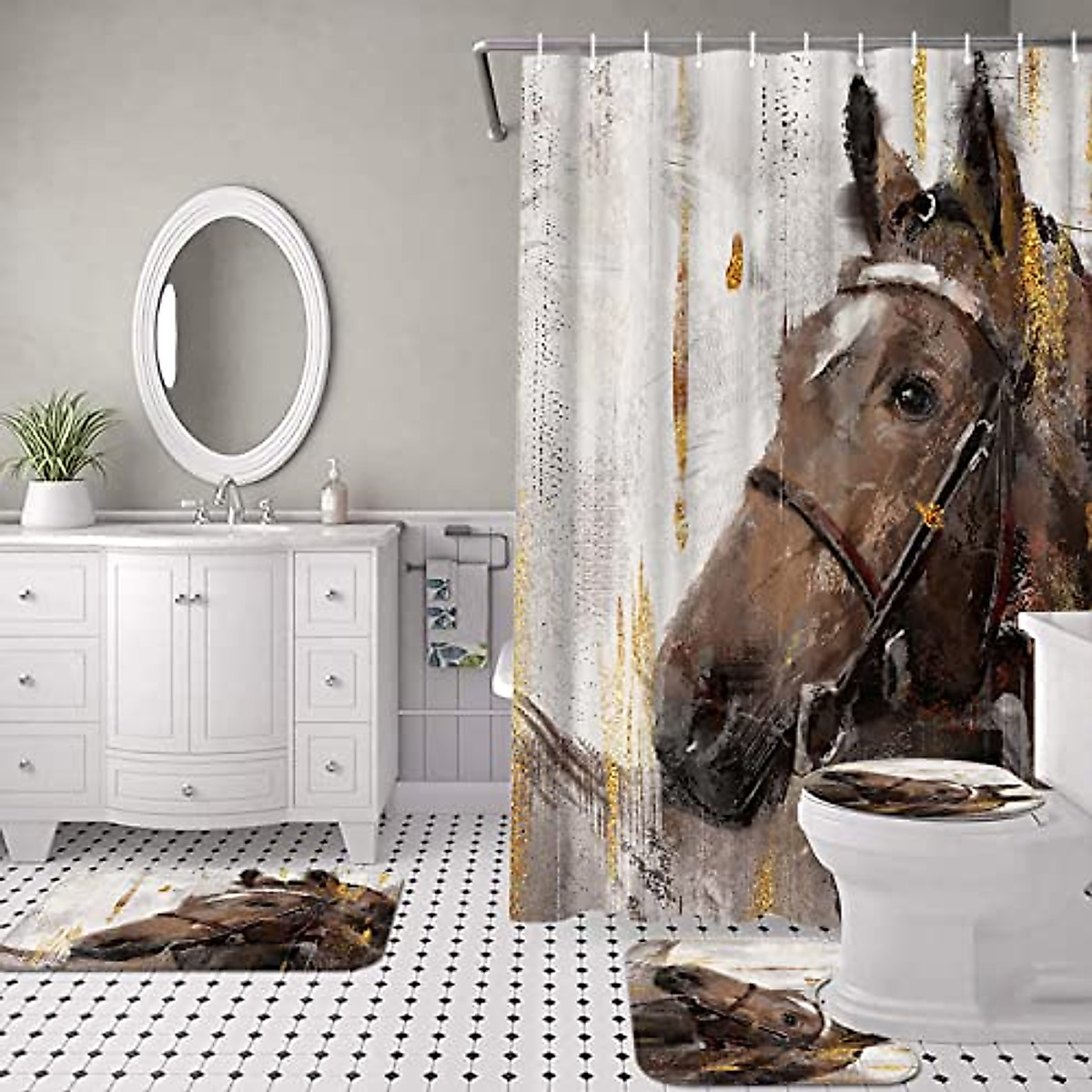 SiMiWOW Horse Shower Curtain Western Cowboy Shower Curtain Set with Rugs Wild Animal Shower Curtain with Hooks,Brown Horse Bath Mat Bath Rugs Bathroom Decor Set of 4 Pieces