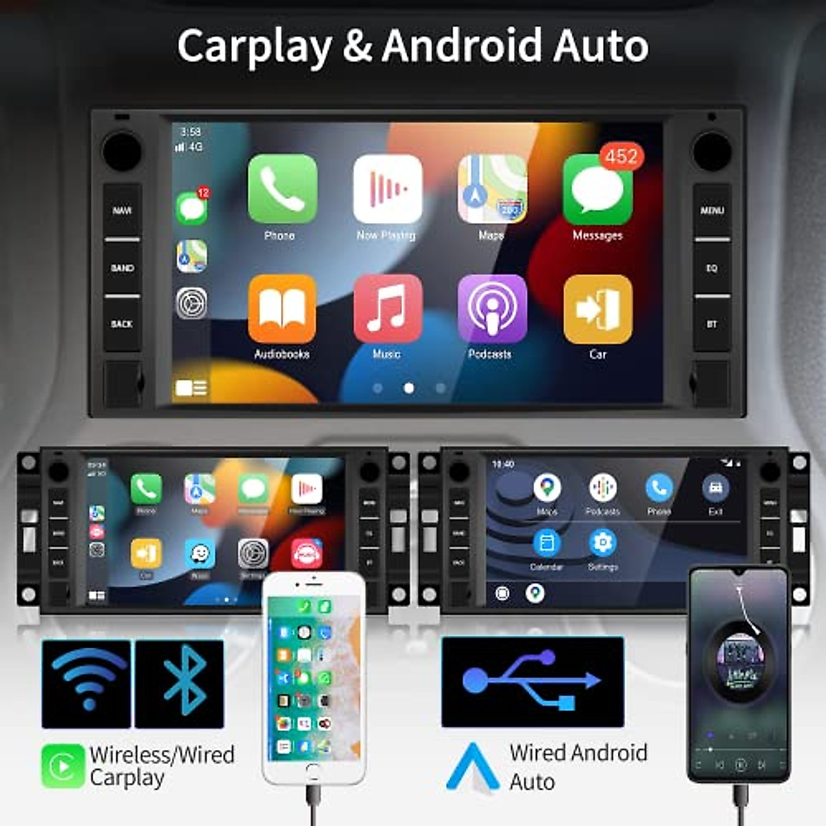 Android Car Stereo for Jeep Wrangler Stereo Chrysler Dodge with Wireless Apple Carplay Bluetooth 7 Inch Touch Screen Jeep Car Radio with WiFi GPS Navigation Mirror Link FM Radio + Backup Camera
