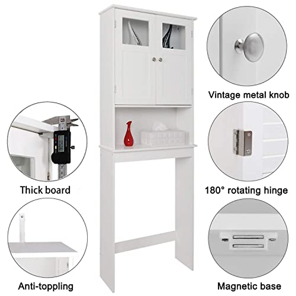 Bonnlo Over Toilet Storage, Bathroom Space Saver with Double Door Glass Window Cabinet Tower with Adjustable Shelf (White)