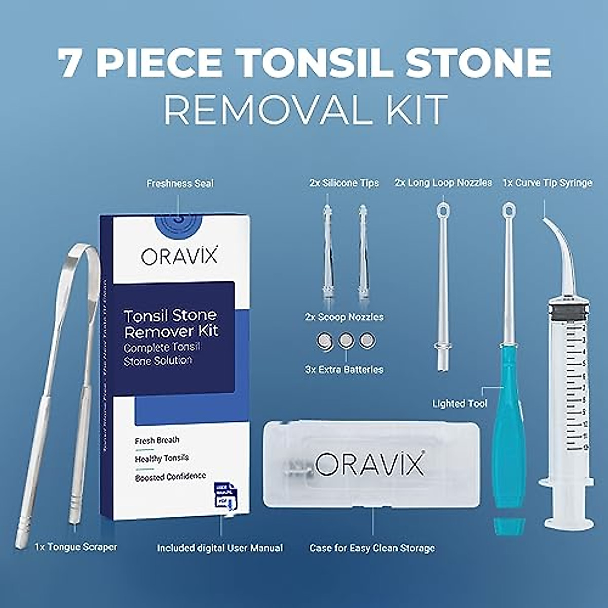 ORAVIX Tonsil Stone Removal Kit - Tonsil Stone Remover - Fast Painless Tonsillolith Remover Tool - Tonsil Cleaner - Fight Bad Breath - Tonsil Stone Removal - Oral Irrigator - Tongue Scraper - 7 Pieces