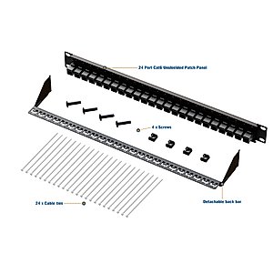 iwillink 10Gbps Patch Panel 24 Port, RJ45 Through Coupler Cat6 Patch Panel UTP 19-Inch 1U with Back Bar, Wallmount or Rackmount, Compatible with Cat5, Cat5e, Cat6 Cabling
