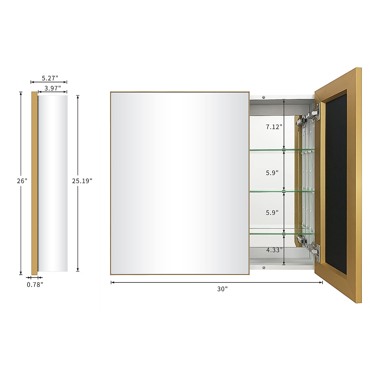 FOMAYKO Bathroom Medicine Cabinet with Farmhouse Gold Metal Framed 26(H) x30(W) Inches Double Sided Mirror Door Recess or Surface Mount Mirror Cabinet for Bathroom Toilet Kitchen