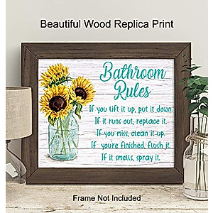 Bathroom Rules Wall Decor - Sunflower Wall Decor - Rustic Country Farmhouse Bathroom Decor - Powder Room Decor - Funny Blue Bathroom Decor - Restroom Sign - Bath Wall Art - Decorations - Unframed 8x10