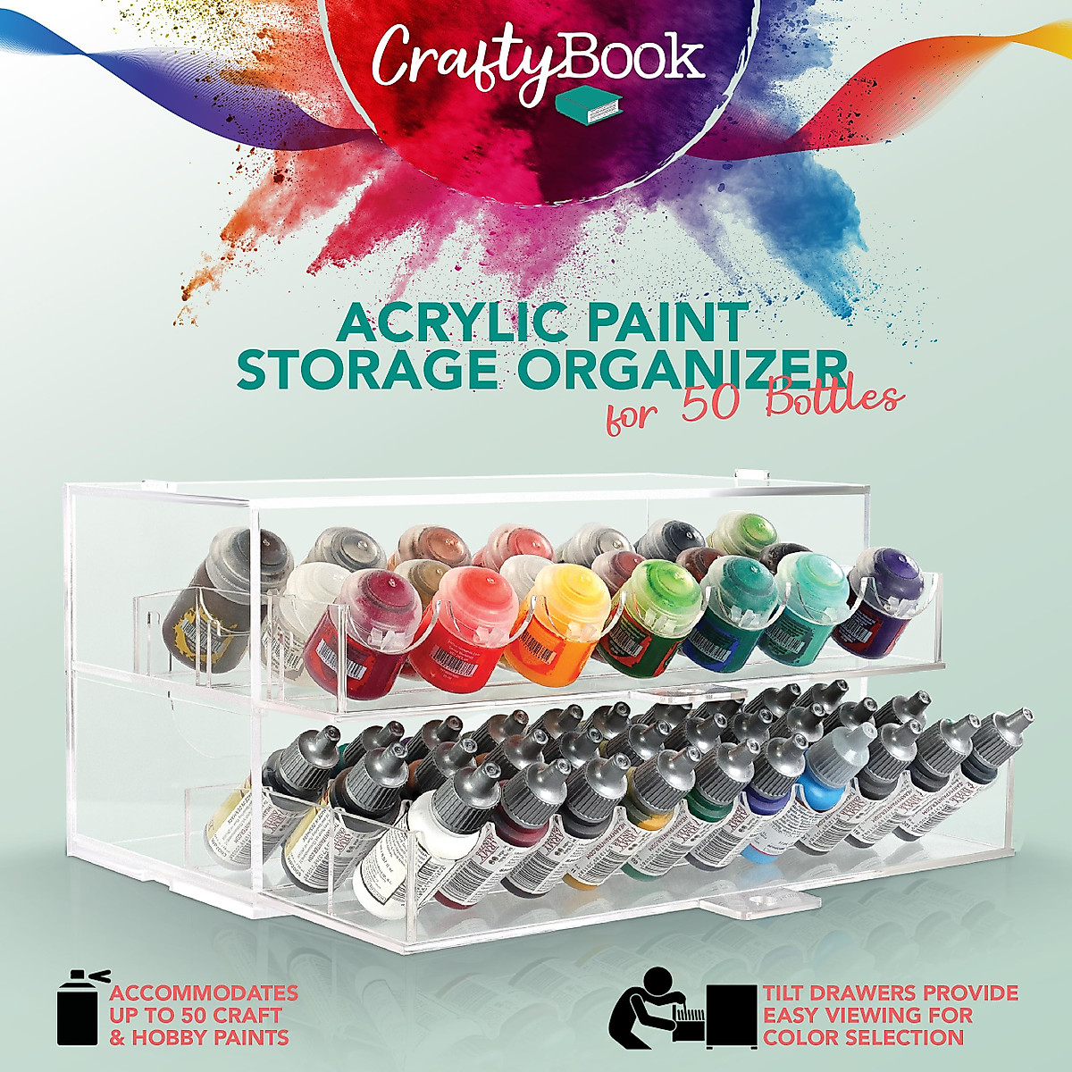 CraftyBook Acrylic Paint Storage Organizer - 50 Bottle Miniature, Hobby, Enamel, Model Paint Holder - 2 Drawer Clear Acrylic Craft Storage - Desktop Art Organization Container for Craft Room Studio