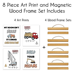 Framed Sweet Jojo Designs Construction Truck Wall Art Prints Room Decor for Baby, Nursery, and Kids - Set of 4 - Grey Yellow Orange Red and Blue Transportation with Wooden Hanging Magnetic Frames