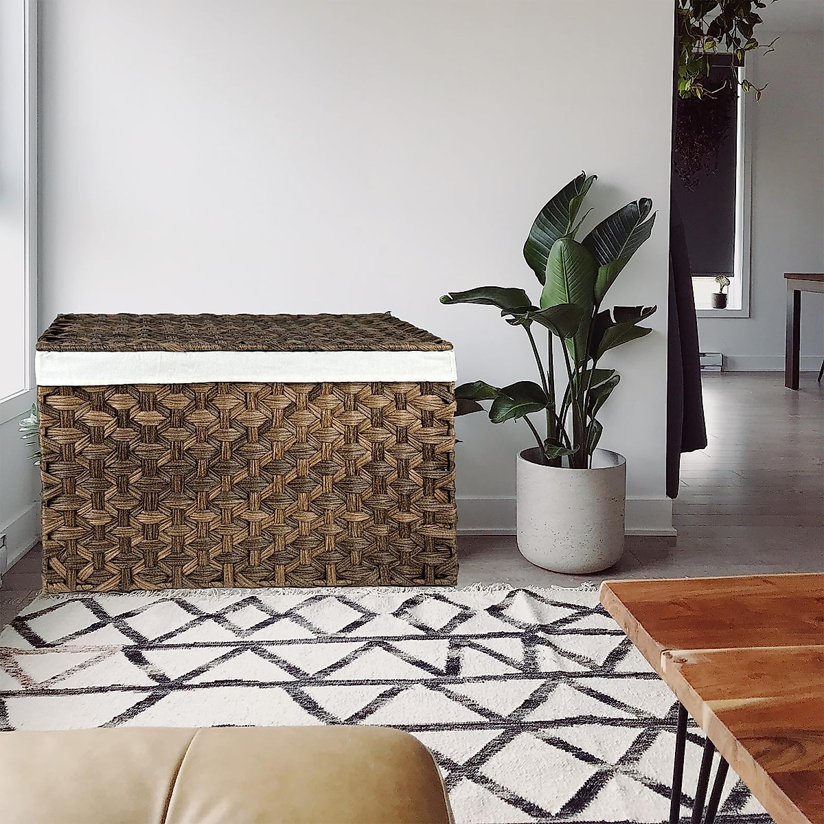 MOORLITER Wicker Storage Basket with Lid, 42.3 Gallon (160L) Large Blanket Basket with Lid, Woven Storage Bin with Handles, Removable Liner, Metal Frame, Foldable, for Bedroom, Laundry Room, Brown