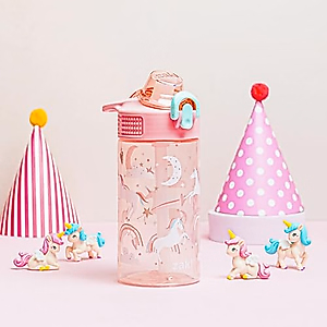 Zak Designs Sage Water Bottle For School or Travel, 16oz Durable Plastic Water Bottle With Straw, Handle, and Leak-Proof, Pop-Up Spout Cover (Fanciful Unicorn)