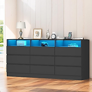 Auromie 9 Drawers Dresser, Double Modern Chest of Drawers with Power Outlet, Dresser TV Stand with Led Light Strip, Drawer Organizer for Bedroom, Living Room, Hallway (Black, 9 Drawer)