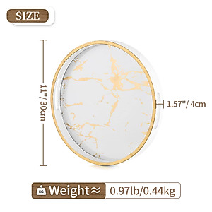 Hanobe Round Decorative Coffee Tray: Marble Pattern Serving Circle Tray with Handles Coffee Table Trays for Living Room Bar Drink Party Home Kitchen, White