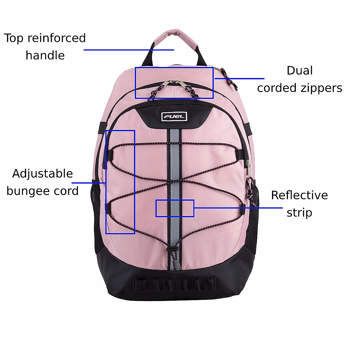 FUEL Hiking Backpack for Women Men Terra Sport, Travel, College, Gym, Work with Laptop Sleeve, Bungee, 18 Inches, Pink