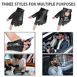 OurHonor Black Fingerless Gloves for Men Women, Halloween PU Leather Half Finger Glove Outdoor Driving Performance Costume Sport, Small (Style C)