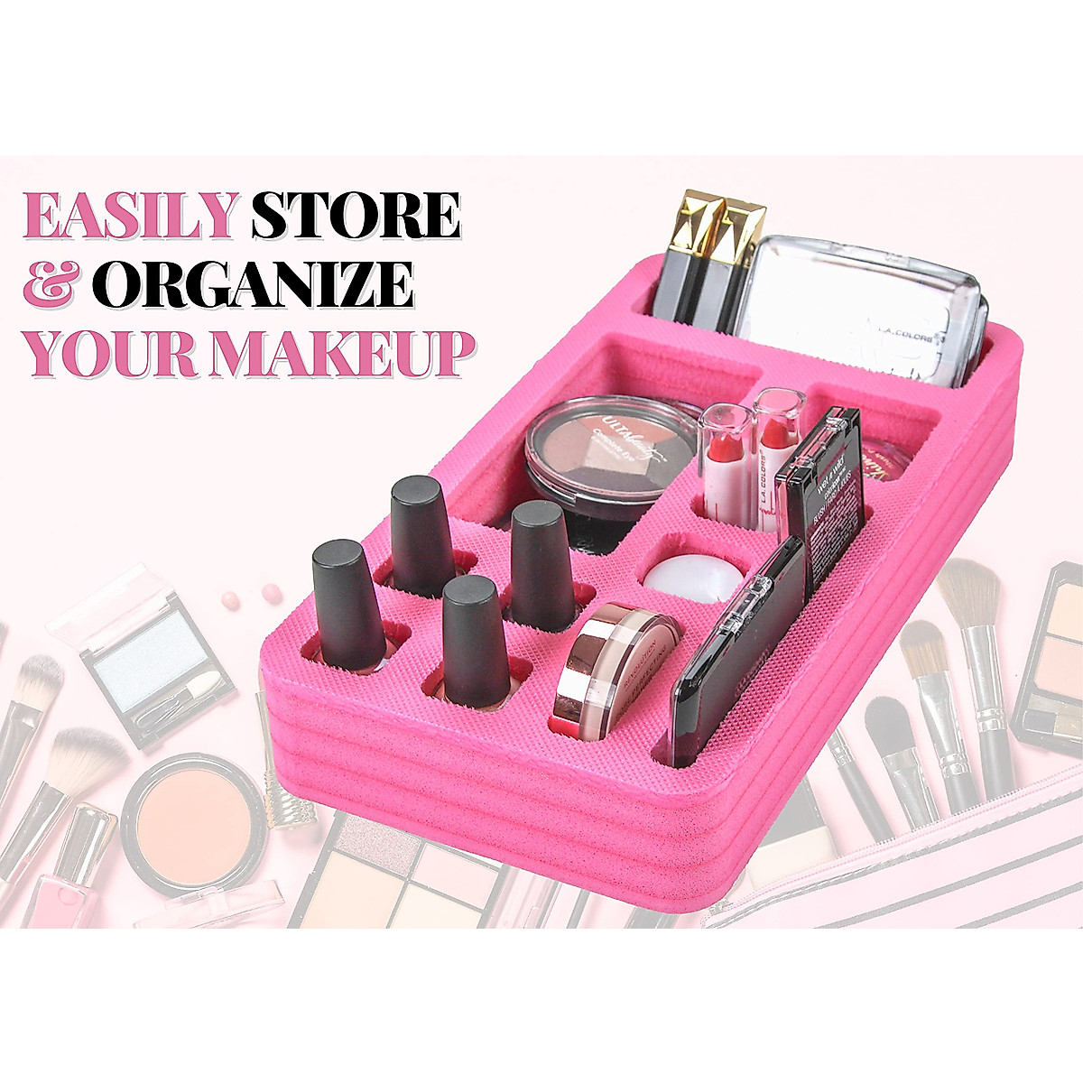 Polar Whale 2 Makeup Pink Drawer Organizers Tray Washable Waterproof Durable Foam Insert for Home Bathroom Bedroom Office 6.9 x 12.9 Inches 11 Compartments for Lipstick Eyeliner Cosmetics and More