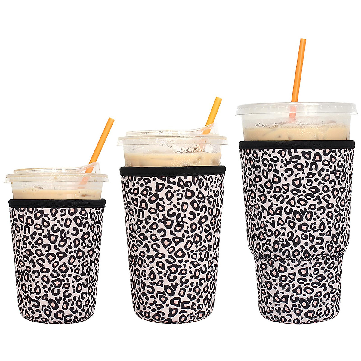 3 Pack Reusable Iced Coffee Sleeves - Xumbtvs Insulator Sleeve for Cold Beverages, Neoprene Cup Holder for Starbucks Coffee, Dunkin Coffee, More(Leopard print)