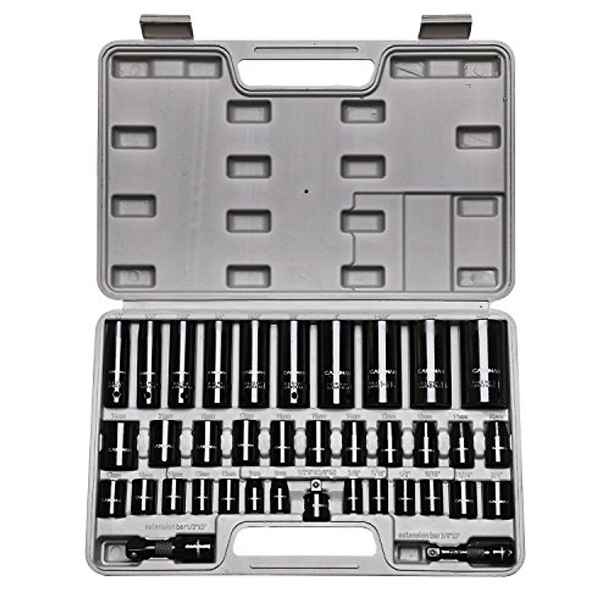 CASOMAN Complete 3/8" and 1/2” Drive Impact Socket Set, Inch (SAE) /Metric, Cr-V, 6-Point, 3/8"- 1-1/4", 8 mm - 24 mm, Deep & Shallow, 38-Piece Impact Socket Set
