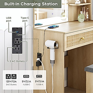 Yechen 35" Boho Makeup Vanity Table with LED Lighted Mirror & Power Strip, Wooden Dressing Table Set with Rattan Drawers, Storage Shelves and Cushioned Stool for Bedroom, Perfect for Girls Women Gift