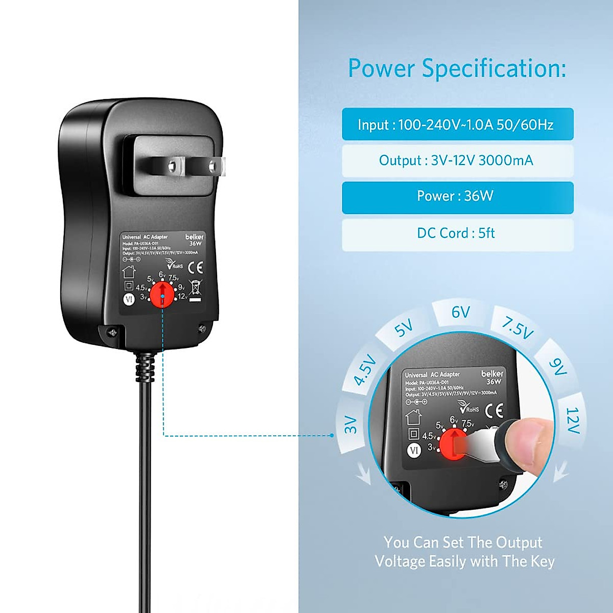 Belker 36W 3V 4.5V 5V 6V 7.5V 9V 12V Adjustable Voltage Universal AC/DC Adapter Power Supply for Household Electronics Security Camera Router LED Strip Light Keyboard Tablet - 3A 3000mA Max.