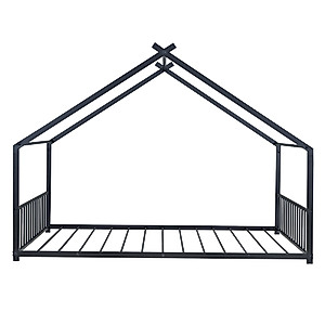 Montessori Floor Bed with Headboard and Footboard, Full Floor Bed with Slats, Metal House Floor Bed for Kids, Girls, Boys, Black Montessori Bed Full Size