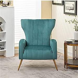 Container Furniture Direct Armchair Modern Velvet Accent Chair, Channel Tufted Bedroom, Office or Living Room Furniture with Elegant Metal Legs, Teal
