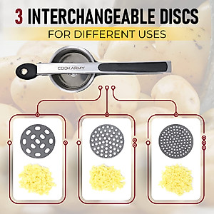 Cook Army Potato Ricer Stainless Steel Professional – 15 Oz Ricer Kitchen Tool With 3 Interchangeable Discs & Non Slip Handle – Mashed Potatoes Ricer & 3 in 1 Veggie Potato Peeler Knife Gadget