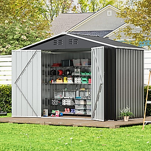 HOGYME 9x4 FT Outdoor Storage Shed, Large Metal Tool Sheds with Updated Frame Structure and Lockable Doors, Garden Shed for Backyard Garden Patio Lawn, Grey
