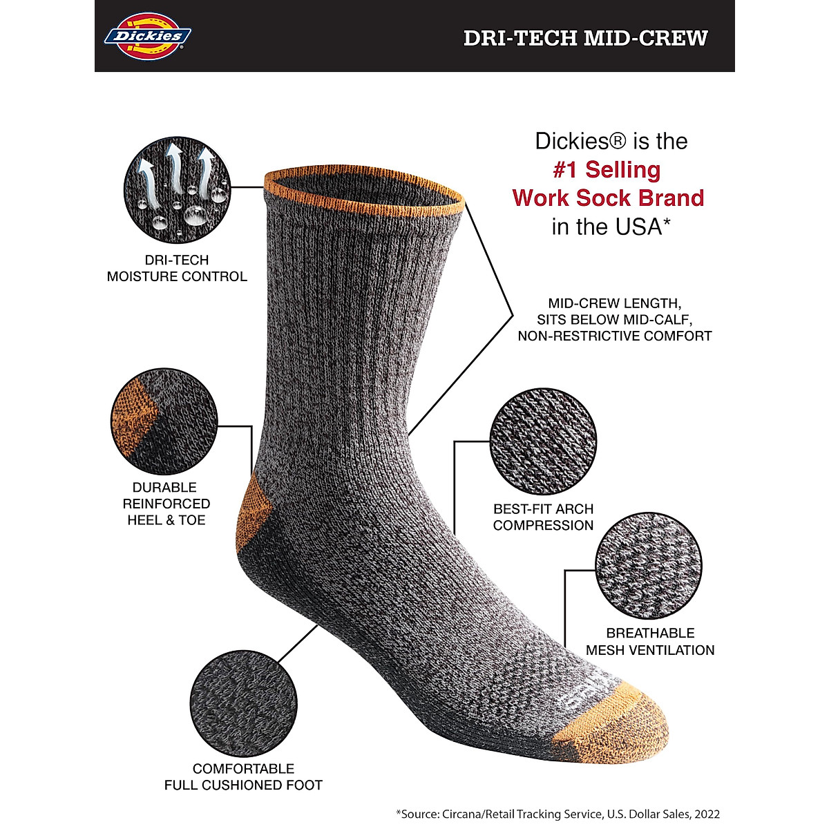 Dickies Men's Dri-tech Moisture Control 6-Pack Comfort Length Crew Socks
